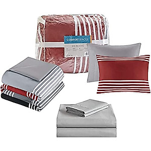 Comfort Spaces Twin Comforter Sets with Sheets - Bed in a Bag 6 Pieces Teen Bedding Sets Twin, Red and Grey Stripes Bedding Twin, College Twin Bed Set with 2 Side Pockets Bedroom Organizer