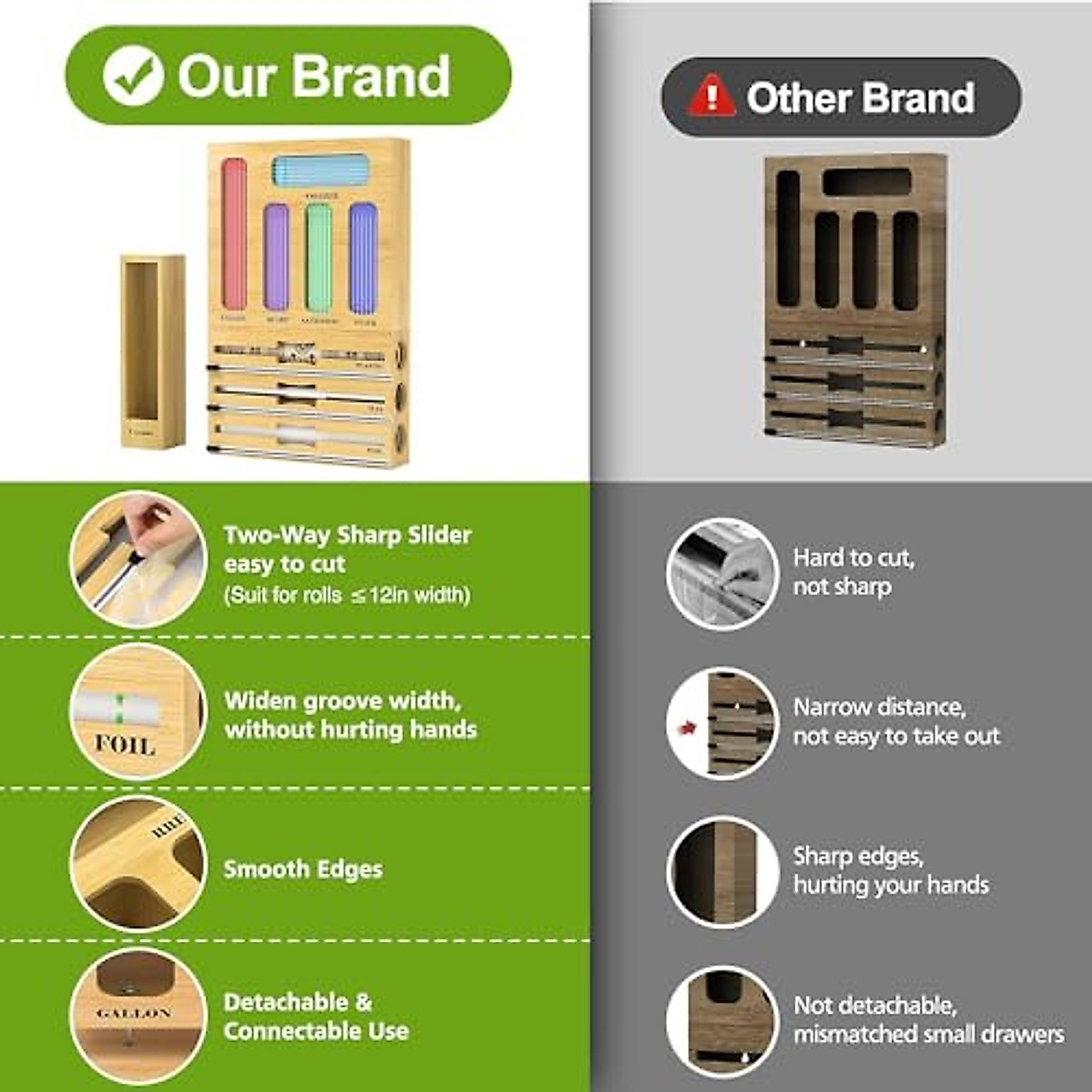 Lawmoliw Bag Storage Organizer for Kitchen Drawer, 9 in 1 Foil and Plastic Wrap Dispenser with Cutter, Bamboo Plastic Bag Food Baggie Organizer for Gallon, Quart, Sandwich, Snack, Freezer