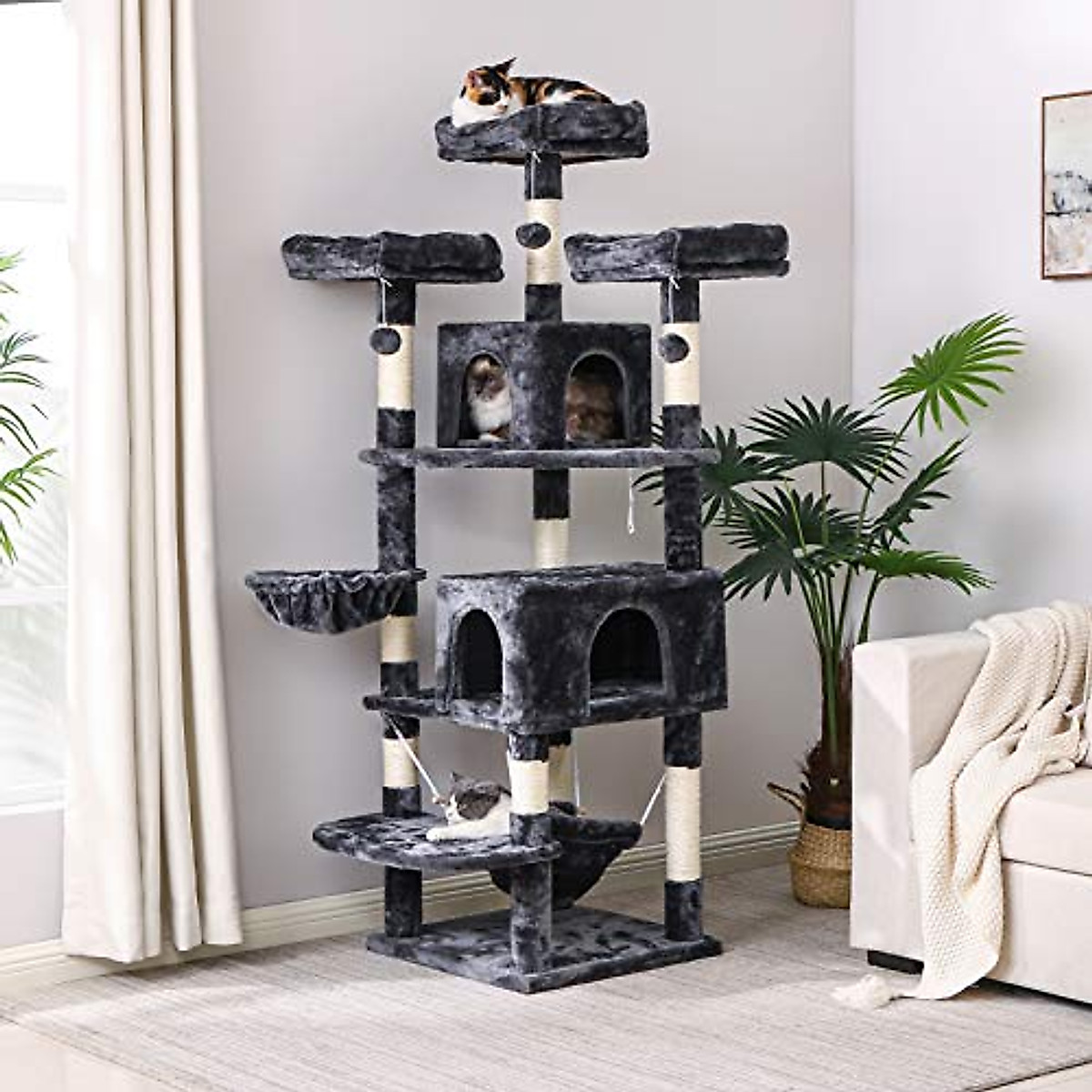 BEWISHOME Cat Tree 66.3 Inch Multi-Level Large Cat Tower with Plush Top Perches, Sisal Scratching Post Cat Play House Kitty Activity Center MMJ14H