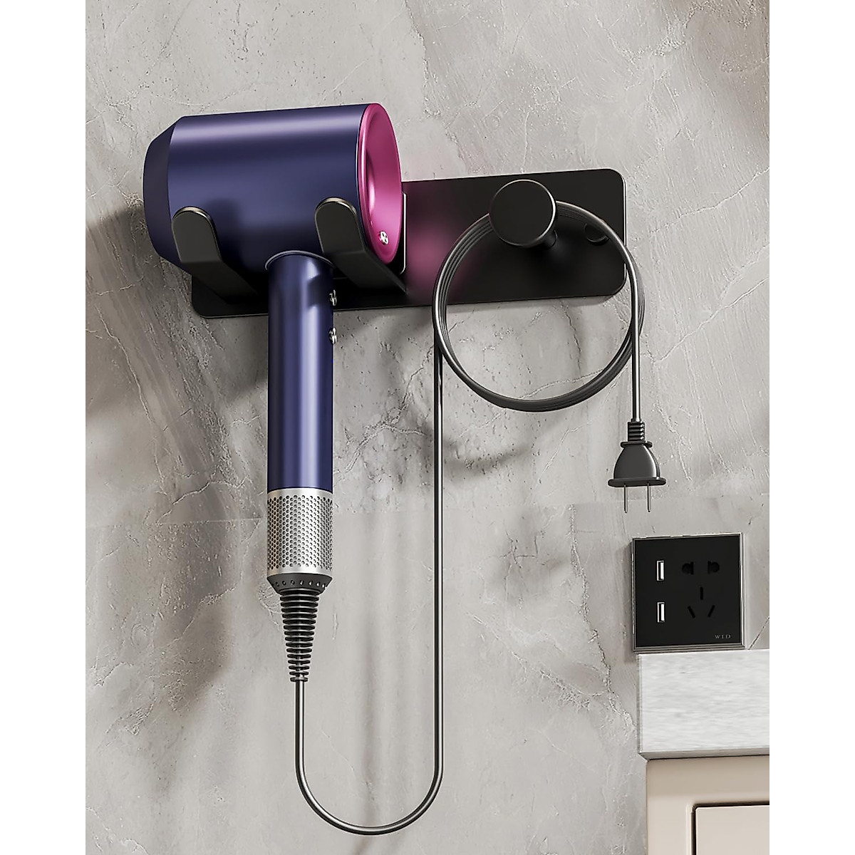 WOJIUBUXIN Hair Dryer Holder Wall Mount Matte Black Hair Dryer Holder for Bathroom Cabinet SUS 304 Stainless Steel Blow Dryer Holder Compatible with Dyson Hair Dryers