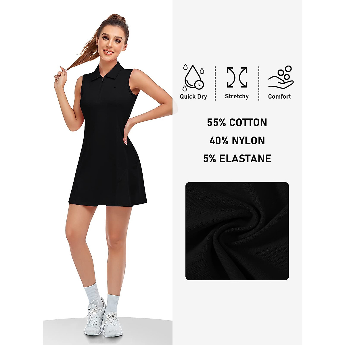 MoFiz Women's Golf Tennis Polo Dress Sleeveless Zip Up Lightweight Quick Dry Moisture Wicking Athletic Sports Workout Black M