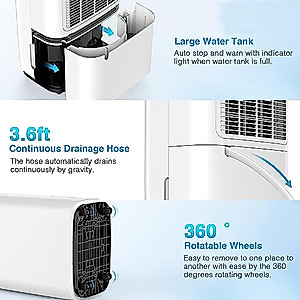 HUMILABS Dehumidifiers for Large Room or Basements, 50 Pint for 4500 Sq.ft Dehumidifier with 135oz Water Tank, Drain Hose and Wheels, Intelligent Humidity Control, Laundry Dry, Auto Defrost, 24H Timer