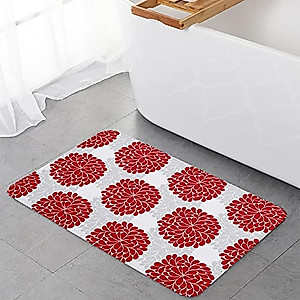 Door Mat Red and Grey Flower Memory Foam Cushioned Kitchen Rug, 18x30 Inch Water Absorbent Soft Touch Standing Mat for Bathroom, Office, Sink, Laundry, Home Hydrangea Texture Tiled