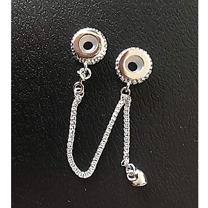 Heart Safety Chain Charm 925 Sterling Silver Beads fit Pandora Charms Bracelet & Necklace (White Safety chain)