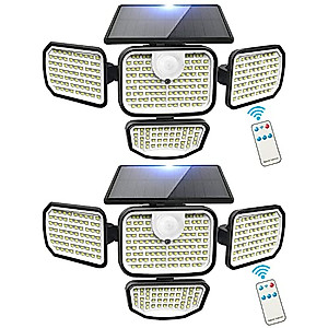 Solar Outdoor Lights with Motion Sensor, 286 LEDs Solar Security Lights Outdoor with IP65 Waterproof, Remote Control, 4 Heads, 3 Modes, Solar Flood Lights for Garage Porch Garden Front Door 2 Pack