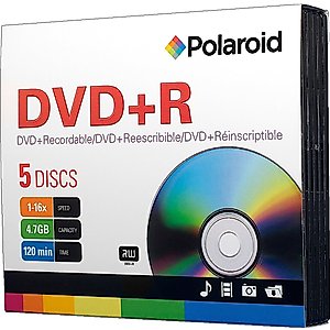 Polaroid PRDVDPR005J DVD+R 4.7GB 120-Minute 16x Recordable DVD Disc, 5-Pack Slim Case