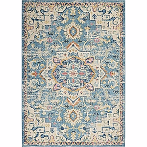 Nourison Passion Ivory/Light Blue 3'9" x 5'9" Area Rug, Boho, Moroccan, Bed Room, Living Room, Dining Room, Kitchen, Easy Cleaning, Non Shedding, (4' x 6')