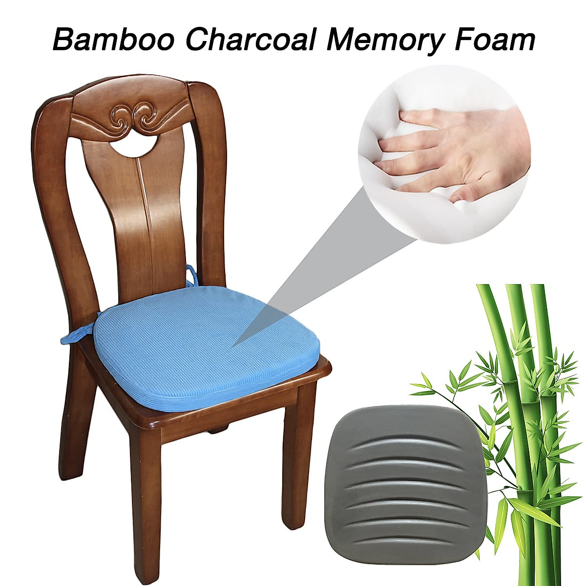 KGPLOME Chair Cushion with Ties for Dining Chairs - Non Slip Memory Foam Kitchen Seat Pad and Indoor Pad with Machine Washable Cover [ 16.5 x 16.2 Inches ] - Blue