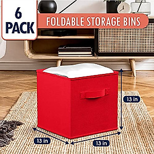 Ornavo Home Foldable Collapsible Storage Box Bins Shelf Basket Cube Organizer with Dual Handles - Set of 6-13 x 13 x 13 - Red