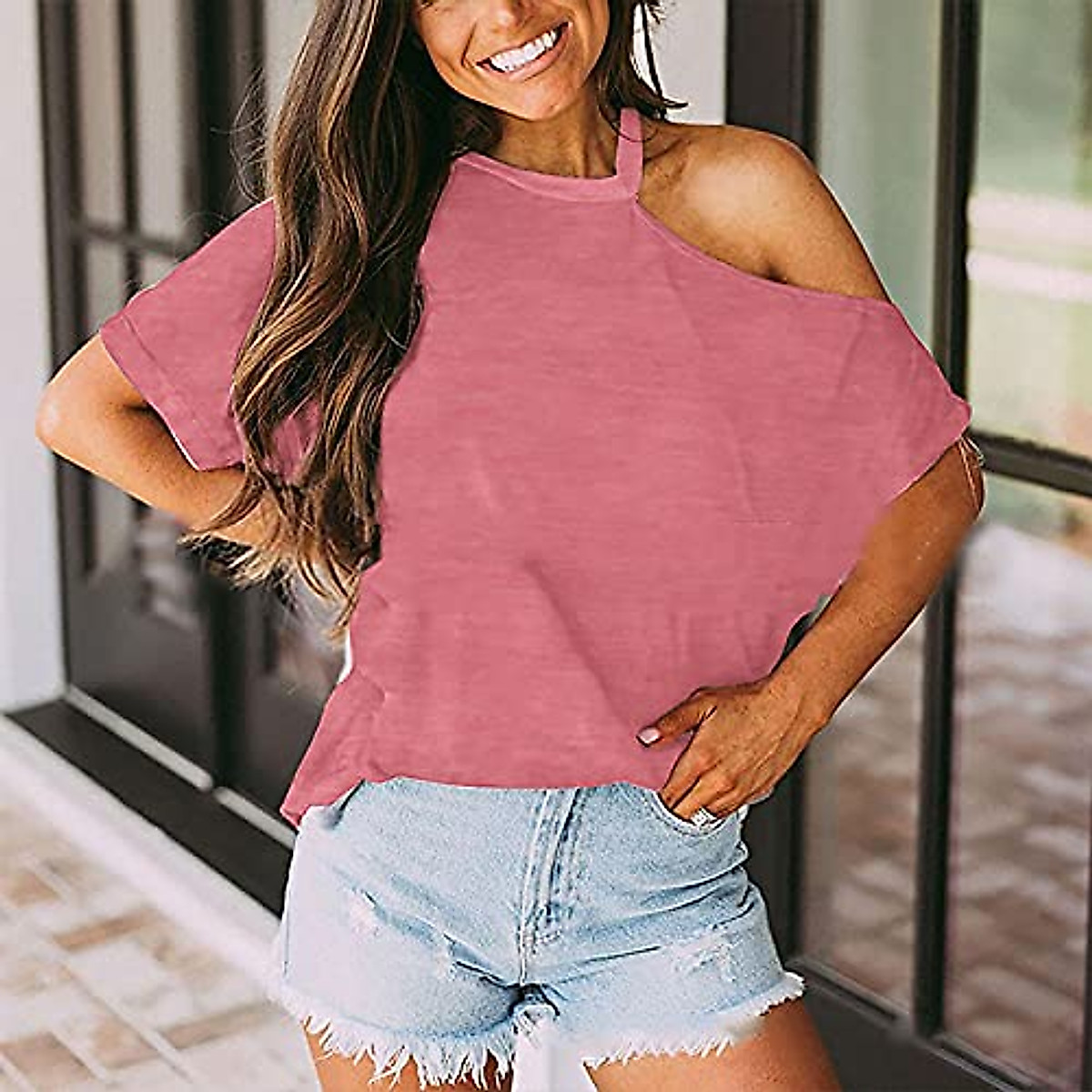 Women's Summer Fashion O-Neck Strapless Solid Short Sleeve Shirts Tops Loose T Shirt(Pink, M)