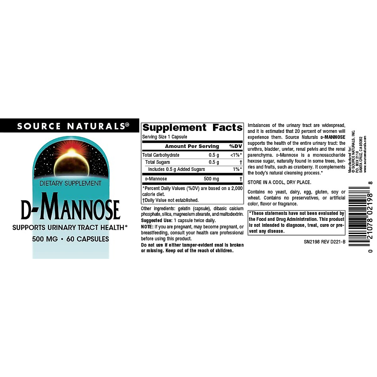 Source Naturals D-Mannose, Potent Urinary Tract & Bladder Health Support*, 500mg - 60 Capsules