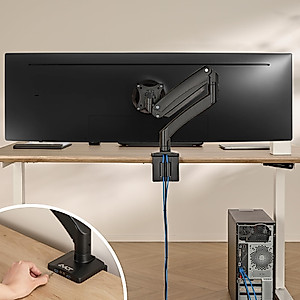 AVLT Single 17"-49" Super Ultrawide Monitor Arm for Screens Up to 50 lbs, Premium Aluminum Desk Stand, Adjustable Pneumatic Height, Full Motion Swivel Tilt Rotation, USB 3.0 & AUX Ports, Black