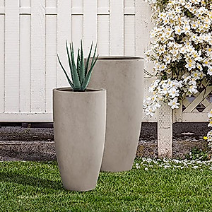 Kante 31.4" and 23.6" H Weathered Concrete Finish Concrete Tall Planters Large Outdoor Indoor Decorative Plant Pots with Drainage Hole and Rubber Plug, Modern Tapered Style for Home and Garden