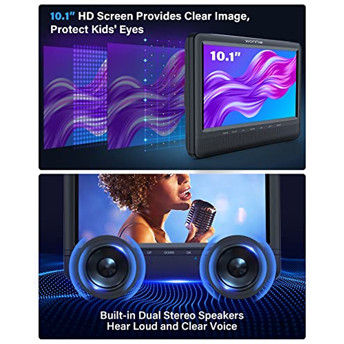 WONNIE 10.1'' Dual Car DVD Player Portable Headrest Video Players for Kids with 2 Mounting Brackets, 5 Hours Rechargeable Battery, Support USB/SD, AV Out& in, Last Memory(1 Player+1 Monitor)