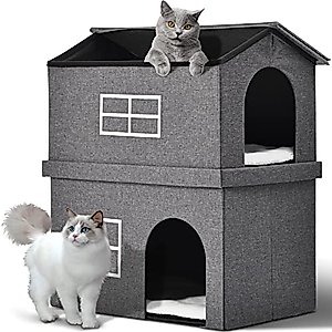 APEXCHASER 2-Tier Cat House, Large Fabric Cubes for Pets Collapsible Warm Cat Condo for Indoor, Cat Shelter with Removable Mat, Easy to Assemble and Storage