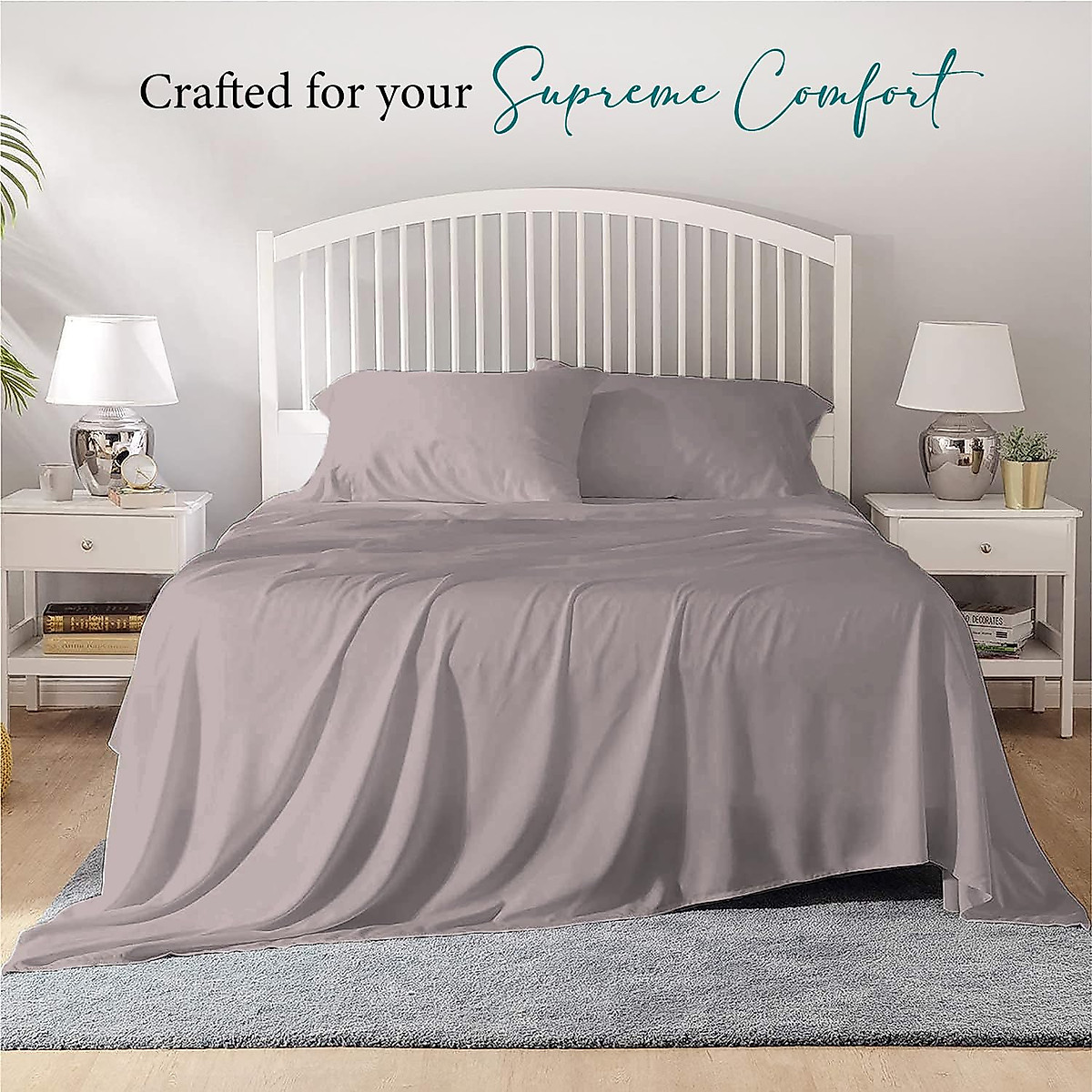 Bunny's Home 4 Piece Full Bed Sheet Set Egyptian Cotton Light Grey Full Size Sheet Set Breathable Sheets Extra Deep Pocket Full Sheets Fits 17 Inch Deep Mattress Machine Washable Cooling Sheets