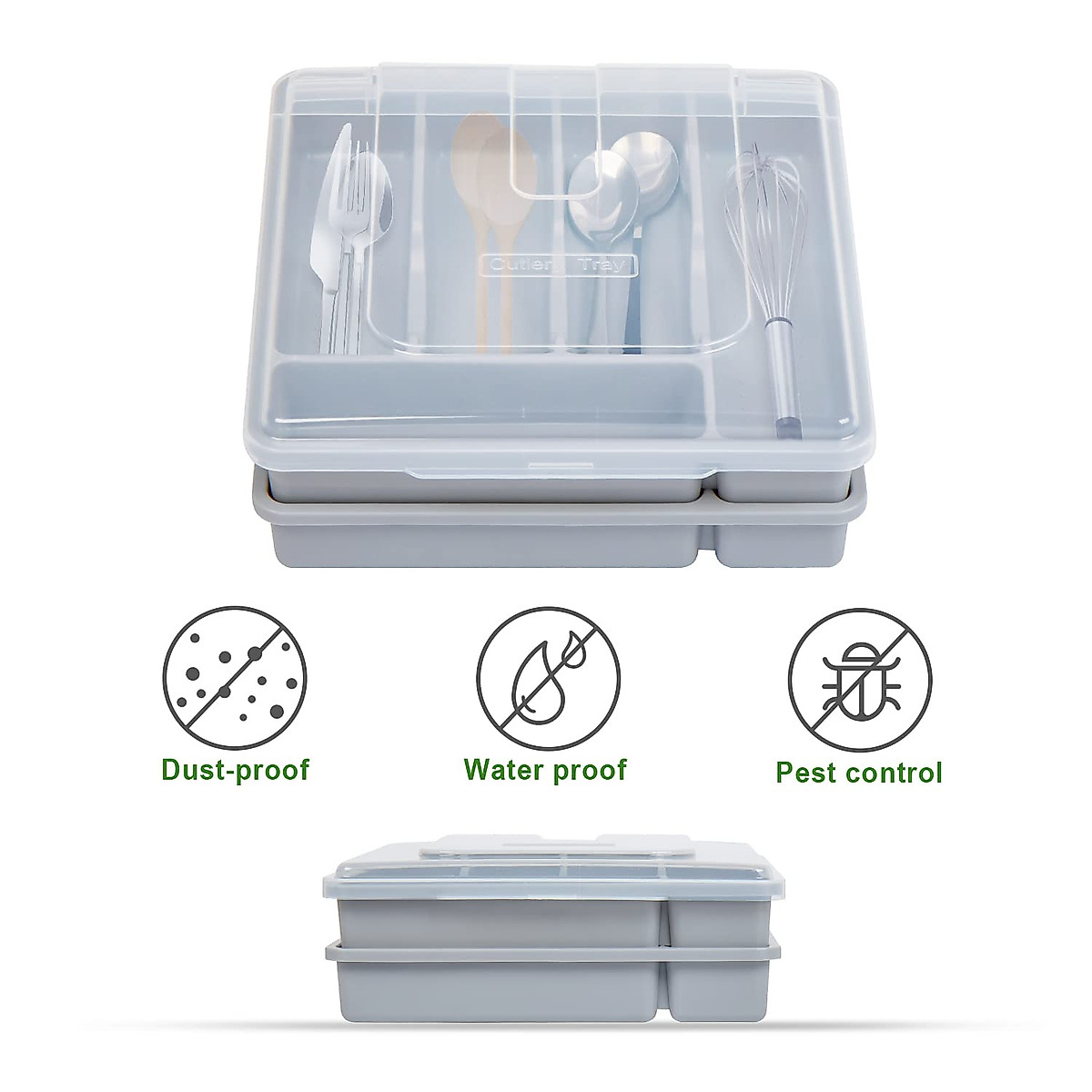 QINOL Silverware Holder with Lid, Double Layer Utensil Tray with Cover Large Flatware Organizer Plastic Cutlery Container for Kitchen Drawer Countertop 10 Compartments, Grey