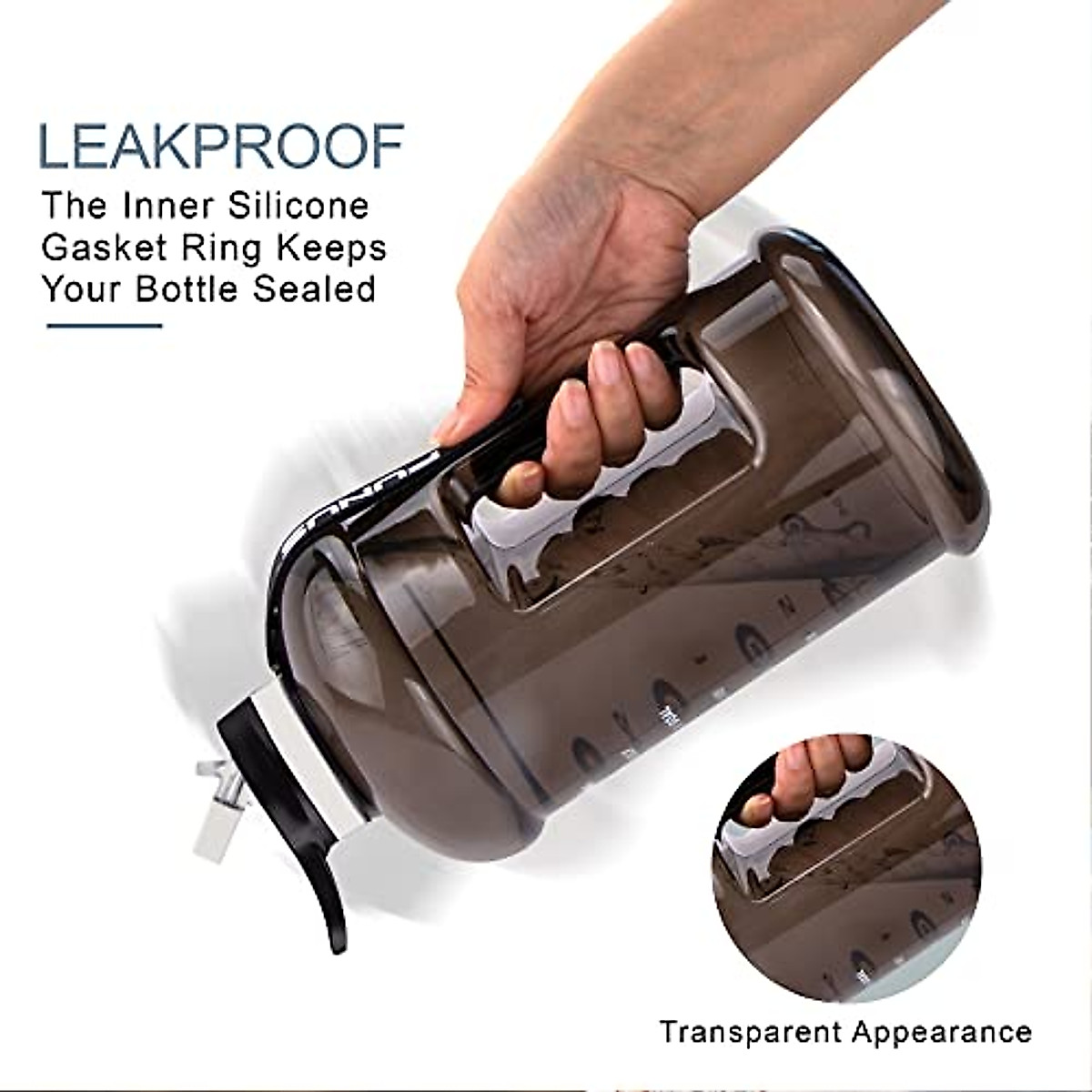 FUNUS Big Water Bottle BPA Free Half Gallon Water Bottle Jug Reusable Water Bottle for Men Women Fitness Sports Gym Outdoor (Transparent Black)