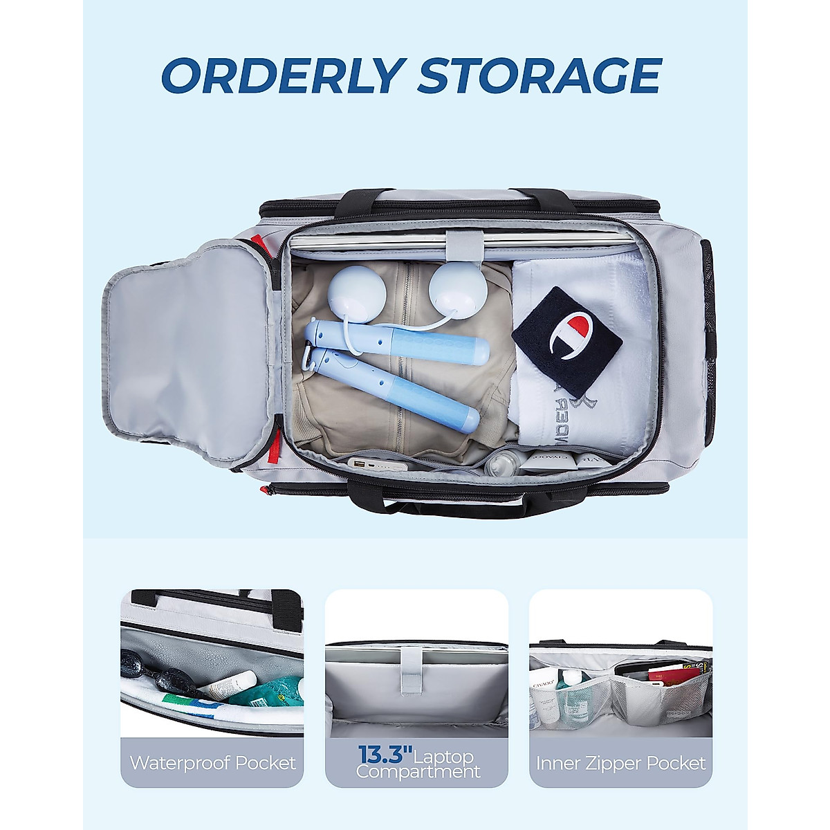 BAGSMART Gym Bag for Women & Men, 35L Sports Travel Duffel Bag with Shoe Compartment，Anti-Theft Carry On Weekend Bag for Airplane, Water Resistant Workout Overnight Backpack for Travel Gym,Grey