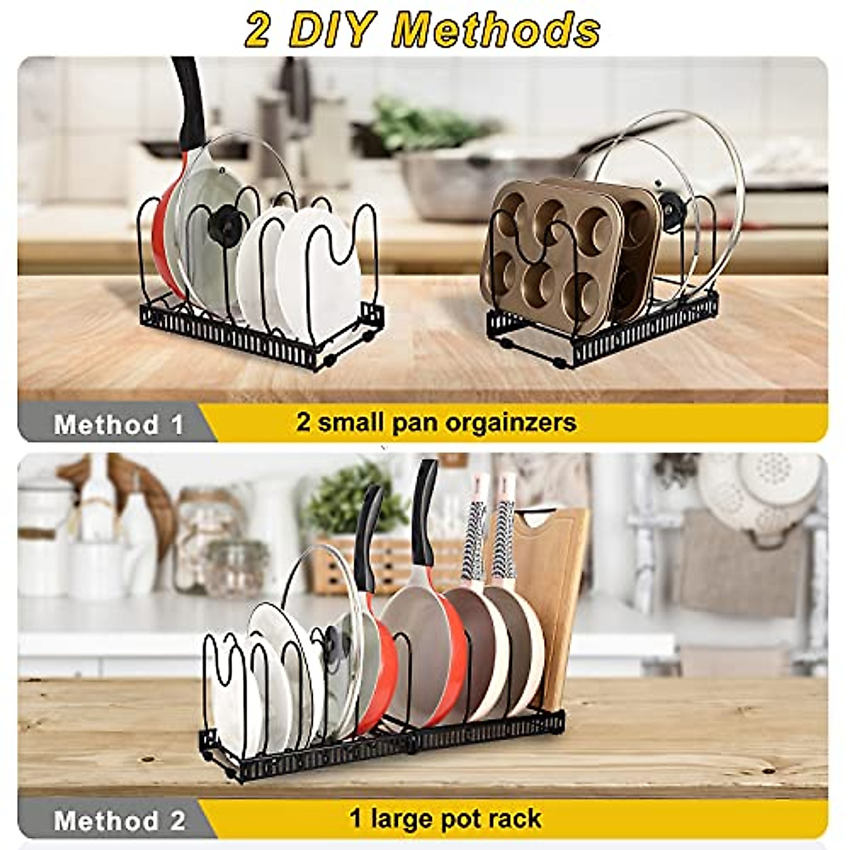 Eydeal Pan Organizer Under Cabinet, Pot Racks For Lid Dish Cookie Sheet Bakeware Skillet Cutting Board, Kitchen Storage with 10 Adjustable Compartment Black