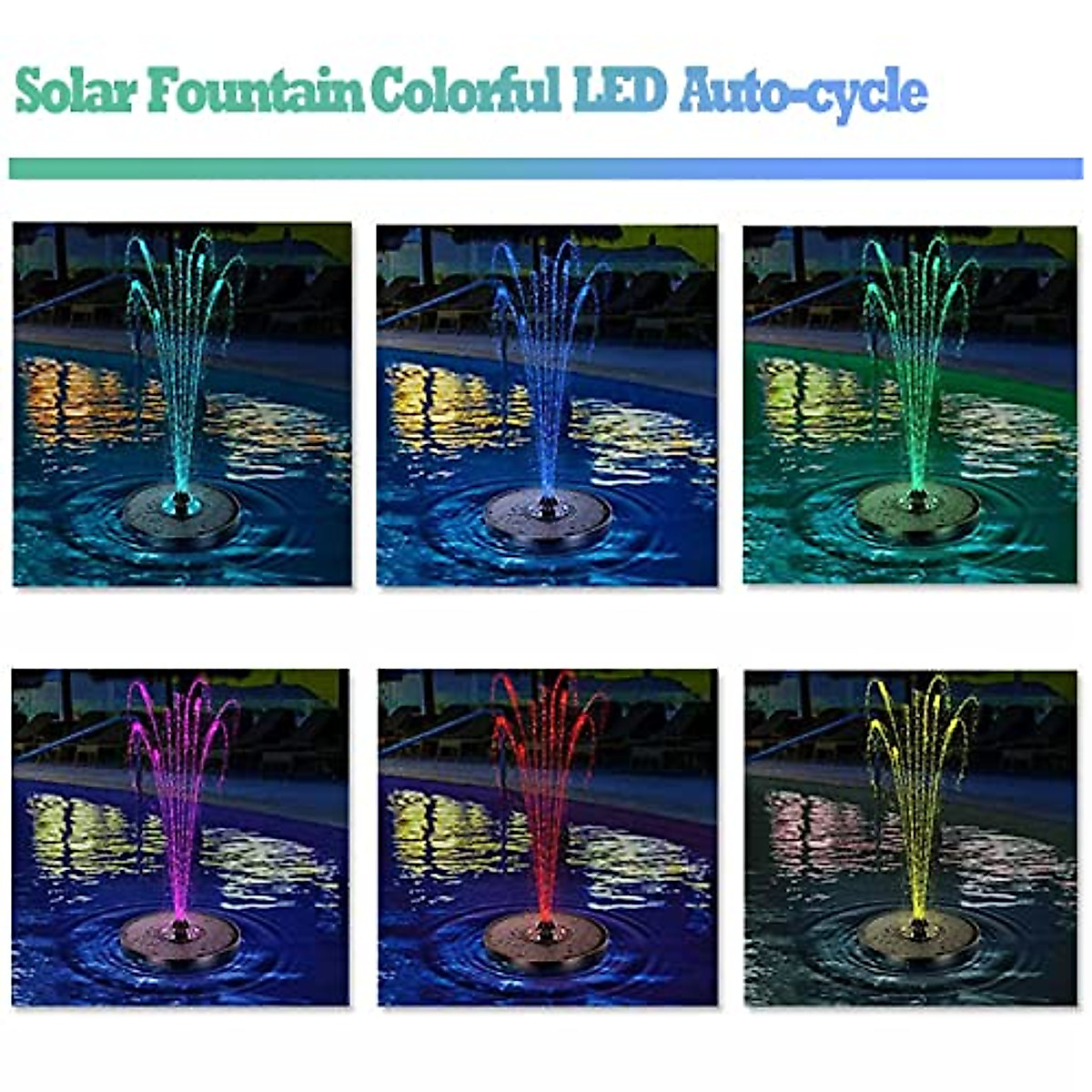 Solar Fountain, Bird Bath Fountains Solar Power Glass Panel with Battery Automatic Power Off After Leaving Water, 3W Solar Fountain Pump for Bird Bath with Color LED Light for Pond, Pool, Outdoor