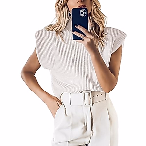 Hooever Women's Turtleneck Sleeveless Knitted Tank Tops Shoulder Pads Sweater Vest(White-S)