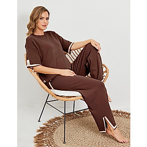Tanming Sweater Sets Women 2 Piece Lounge Sets Short Sleeve Knit Pullover Tops Wide Leg Pants (Brown-M)