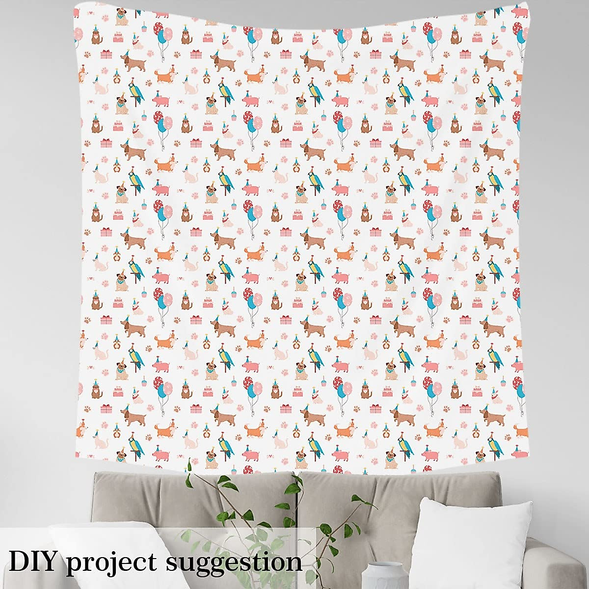 Cute Dogs Fabric by The Yard Kawaii Pet Puppy Sweet Cake Decor Fabric for Kids Teens Girls Lovely Paw Print Happy Birthday Theme Fabric for Room Decor and DIY Upholstery 1 Yard