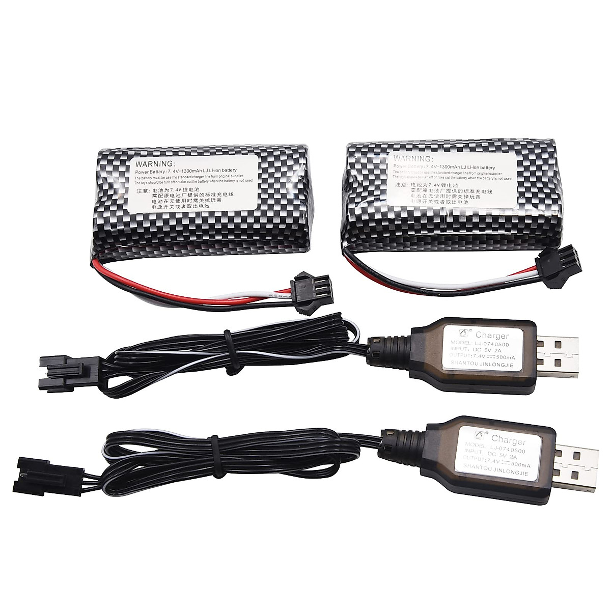 Blomiky 2 Pack 7.4V 1300mAh Li-ion Rechargeable Battery with SM3P Plug and Charger Cable Replacment for Huina 1575 RC Construction Truck / 1575 Battery 2