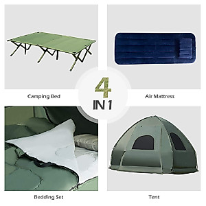 Double Tent Bed, Portable Camping Tent with Air Mattress and Pillow, Folding Camping Cot of Metal Frame, Double Sleep Bag with Polyester Canopy, for Outdoor Family Camping Picnic - Military Green