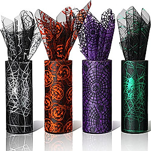 4 Rolls Halloween Glitter Tulle Roll Glitter Tulle Netting Roll Tulle Fabric Roll Orange Shimmer Color Ribbon for Halloween Decoration, 5 Inch x 10 Yards