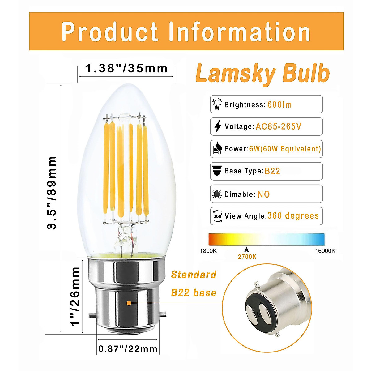 Lamsky 4-Pack 6W B22 Bayonet LED Filament Candle Light Bulb,2700K Warm White 600LM,C35 Shape Bullet Top,60W Incandescent Equivalent,Non-dimmable