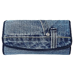 Bijoux De Ja Upcycling Blue Denim Large Capacity Money Flap Roomy Long Wallet Purse Clutch for Women BMW014