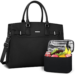 Laptop Bag for Women 15.6 Inch Waterproof Leather Tote Bag Lightweight Business Office Work Bag with Insulated Cooler Lunch Bag Large Professional Briefcase Computer Handbag Shoulder Bag Dark Black