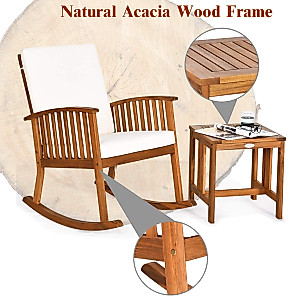 Tangkula Acacia Wood Patio Bistro Set, Outdoor Rocking Chair with Table, Porch Rocker with Thick Cushion of Detachable Cover, Porch Rocking Chair Table Set for Outdoor Indoor Patio Backyard, Teak