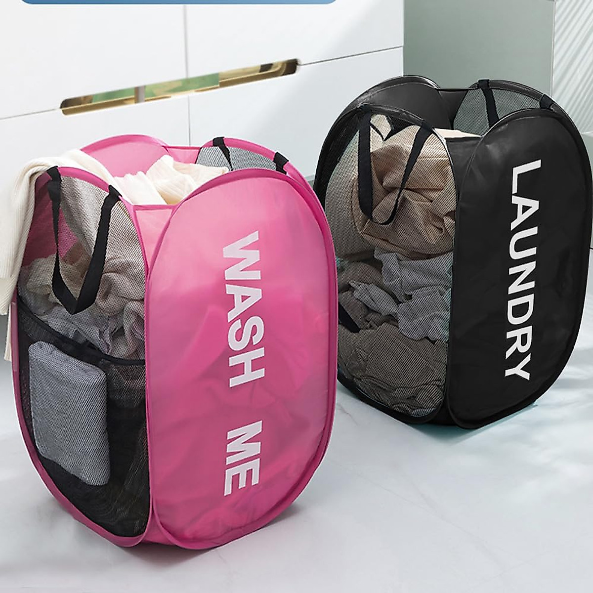 Larpur Pop Up Laundry Baskets, 2 Pack Mesh Laundry Hampers Collapsible Clothes Hampers for Home, Dorm, Travel (Black + Pink)