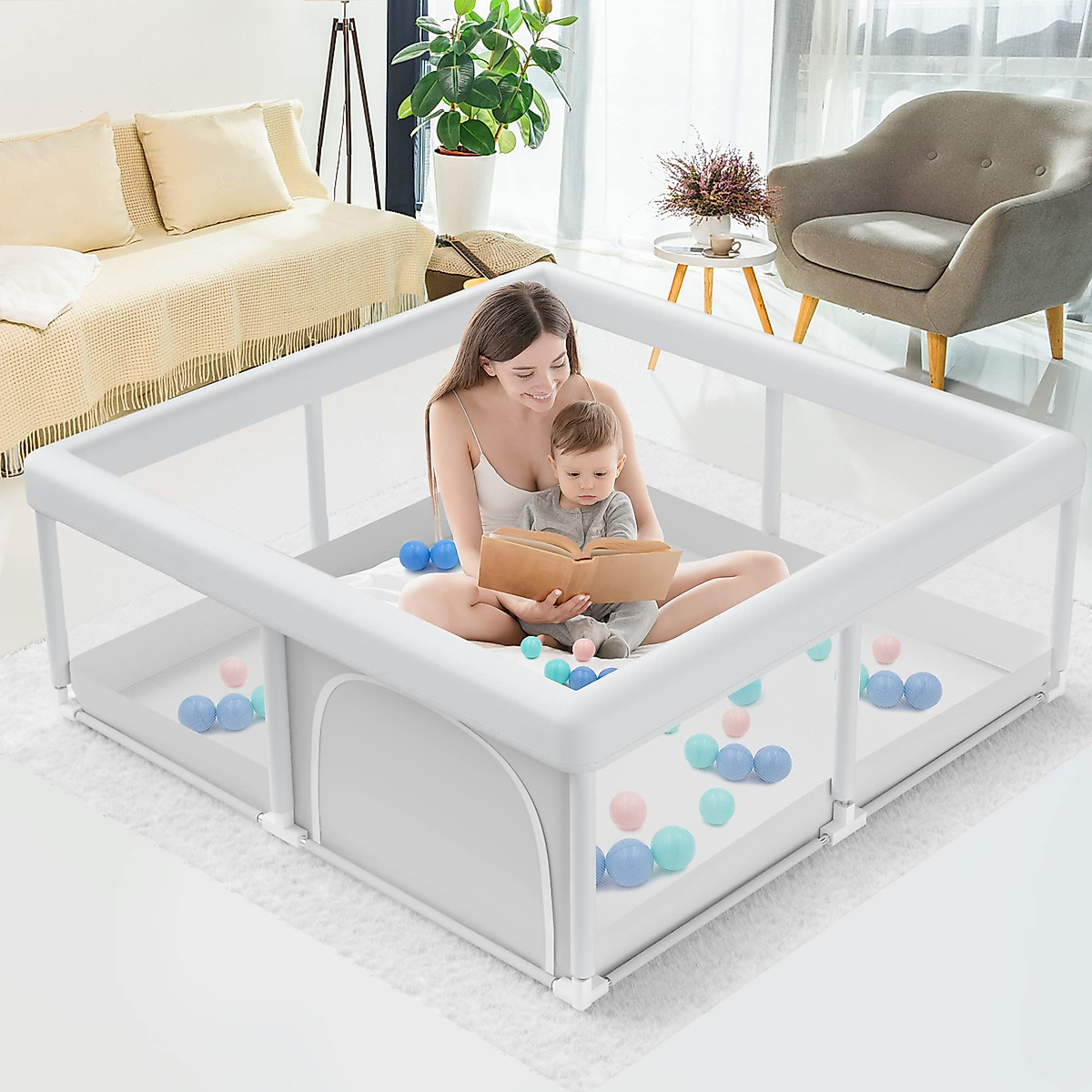 Baby Playpen Baby Playard, Playpen for Babies and Toddlers with Gate, 51x51" Small Baby Fence, Sturdy Safety Playpen, Indoor & Outdoor Kids Activity Center (with Anti-Slip Base) Silver Gray