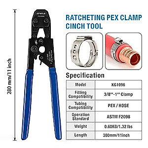 Pex Crimping Clamp Cinch Tool Kit Sizes from 3/8" to 1" (Meets ASTM 2098)-PEX Cinch Fastening Tool, Pipe/Tubing Cutter, Stainless Steel Clamps 20pcs 1/2", 10 pcs 3/4" Clamps With Canvas Bag