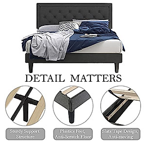 SHA CERLIN Queen Platform Bed Frame with Upholstered Headboard and Wood Slats, Fabric Rhombic Button Tufted Adjustable Headboard, No Box Spring Needed