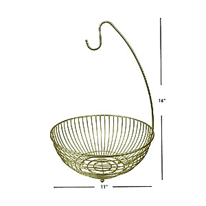 Home Basics Halo Steel Fruit Basket with Banana Hanger, Gold, 11" x 11" x 16"