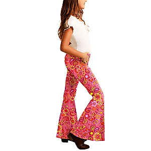 Deerose Hippie Flared Pants for Girls 70s 80s Costume Cute Pink Bell Bottom Floral Print Bootcut 3-4 Years