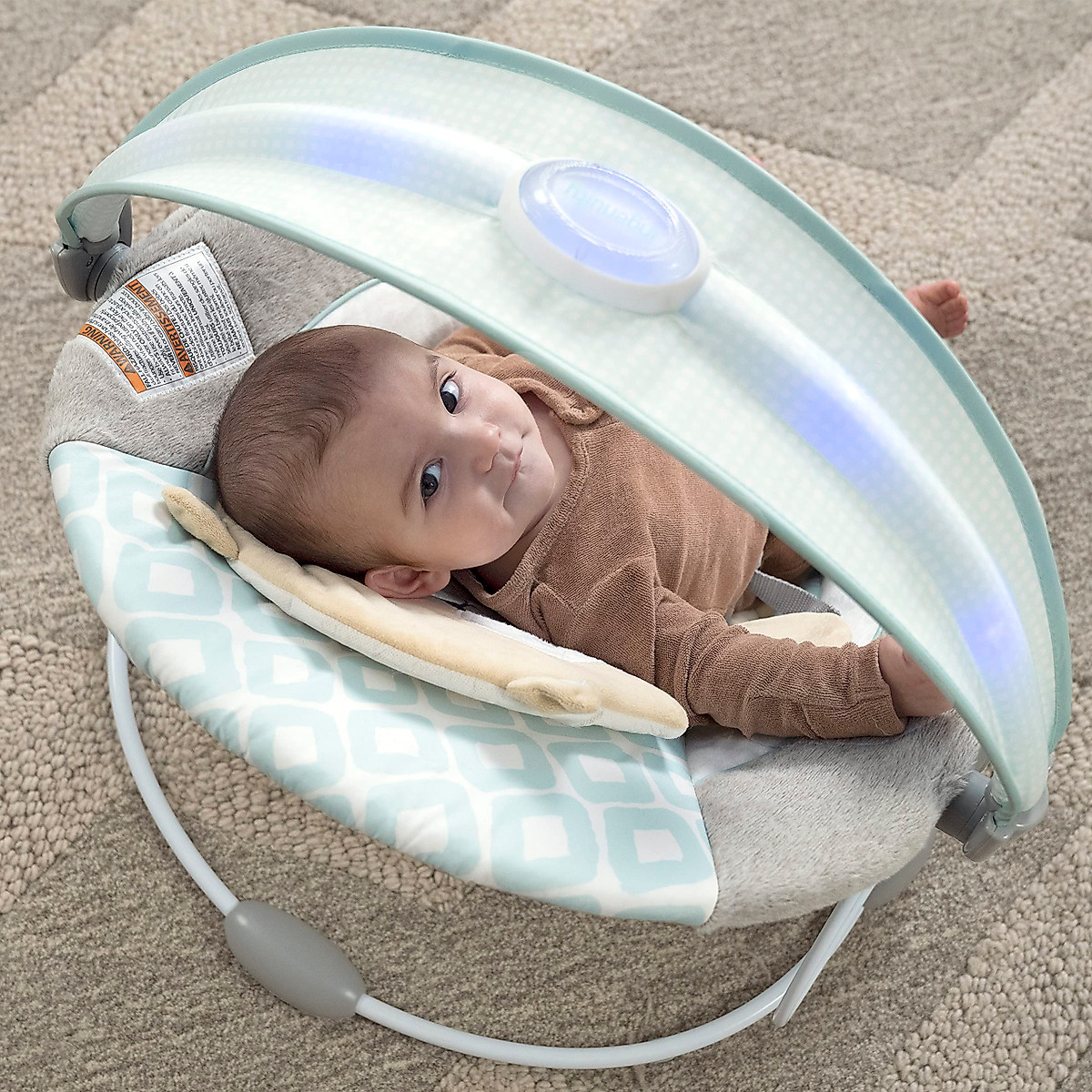 Ingenuity InLighten Baby Bouncer Seat with Light Up-Toy Bar and Bunny Tummy Time Pillow Mat - Kitt, Newborn and up