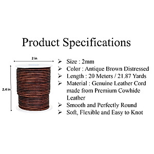 GENIQUE Real/Genuine Round Leather Cord for Jewelry Making, Leather String Cord for Crafting, Necklace, Bracelets, Braiding, Wraps (2mm, Antique Brown Distressed)