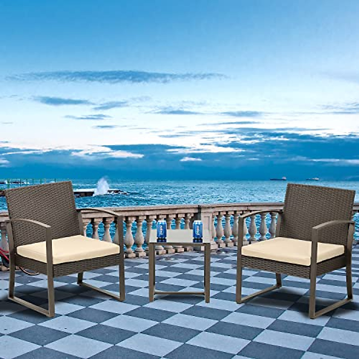 BPS 3 Pieces Patio Furniture Set, Outdoor Rattan Wicker Chairs with Table, 3 Pcs Sofa Set with Cushion, Conversation Furniture for Garden Poolside