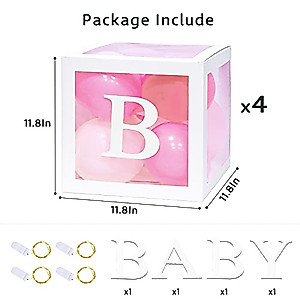 Termichy Baby Shower Boxes Party Decorations with Warm White Fairy Lights, 4 PCS Transparent Balloon Boxes Baby Shower Blocks for Girls Boys Baby Shower, Gender Reveal Decorations (White)