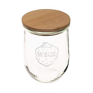 Weck Jars - 35.9 fl. oz Weck Tulip Jars 1 Liter - Sour Dough Starter Jars - Large Glass Jars for Sourdough - Suitable for Canning and Storage - (1 Jar, Glass Lid & Wooden Lid)