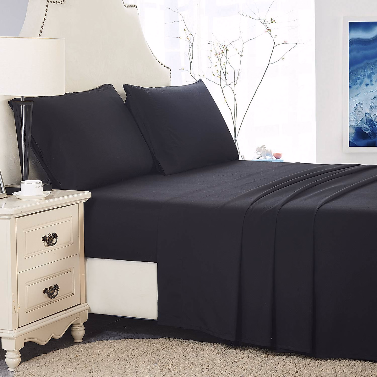 PHOENIX HOME TEXTILES 1500 Collection Soft Brushed Microfiber Sheet Set with 15-Inch Deep Pocket -Wrinkle Fade and Stain Resistant (Queen, Black)