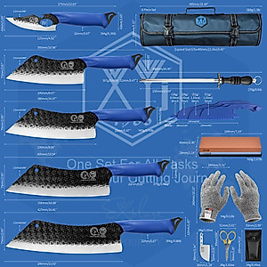 Authentic XYJ Since 1986,5pcs Slicing Knives Set,Vegetable Kitchen Knife With Roll Bag,Whetstone,Honing Steel,Cake Cutter,Camping Chef Butcher Knife,Full Tang (XYJ Blue)