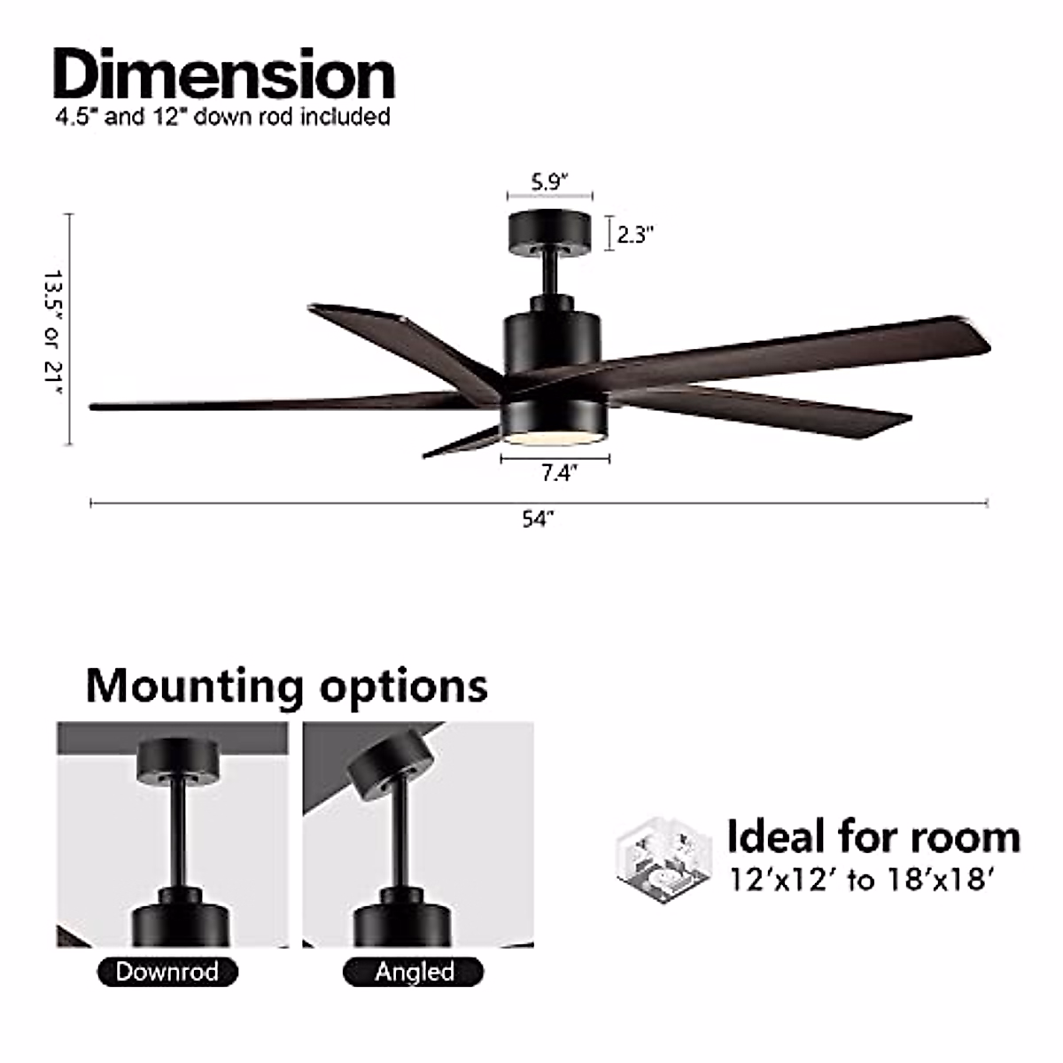 WINGBO 54 Inch DC Ceiling Fan with Lights and Remote Control, 5 Reversible Carved Wood Blades, 6-Speed Noiseless DC Motor, Modern Ceiling Fan in Matte Black Finish with Walnut Blades, ETL Listed