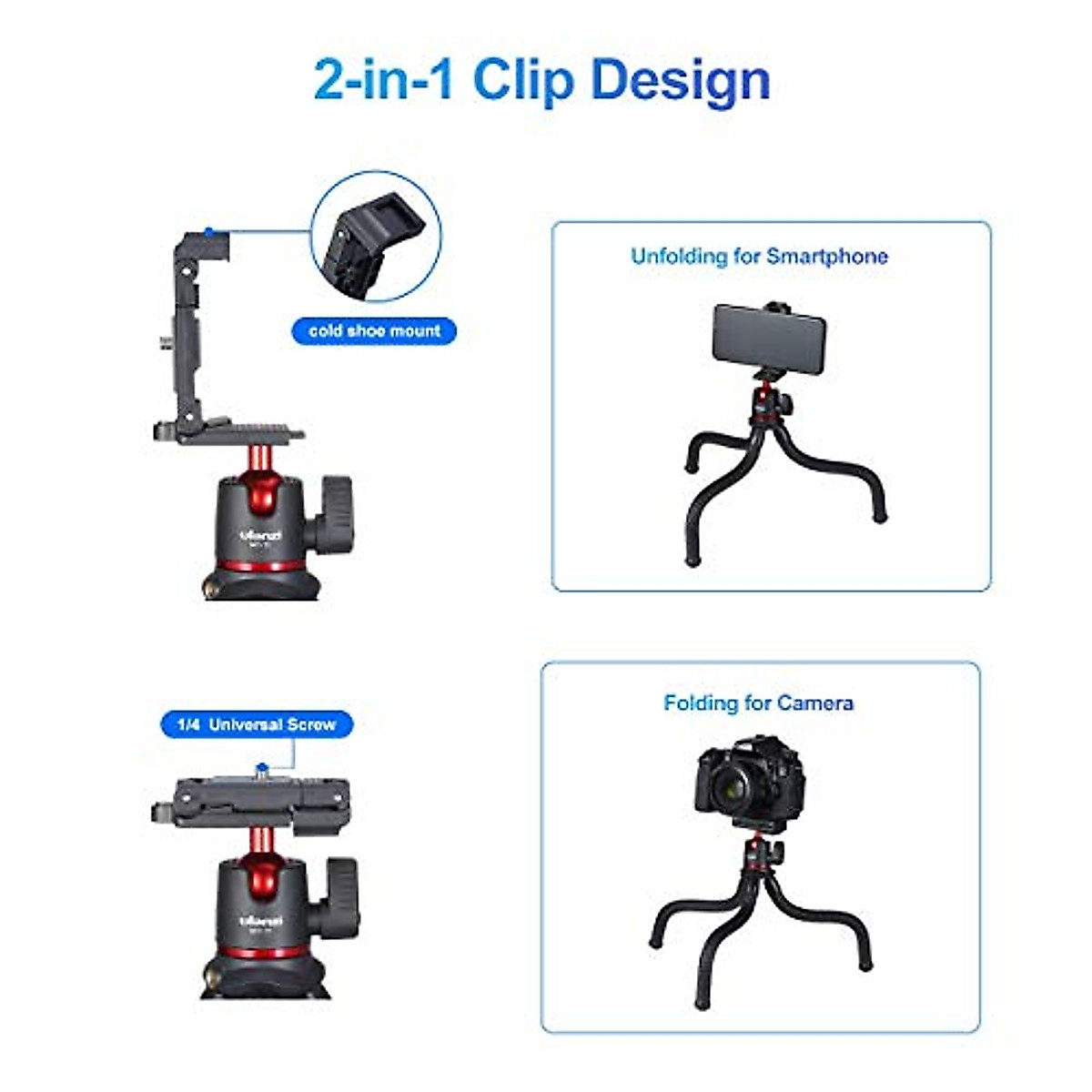 ULANZI Camera Tripod, Mini Flexible Tripod Stand with Hidden Phone Holder w Cold Shoe Mount, 1/4'' Screw for Magic Arm, Universal for iPhone 13 12 Pro Max XS Max X 8 Samsung Canon Nikon Sony Cameras